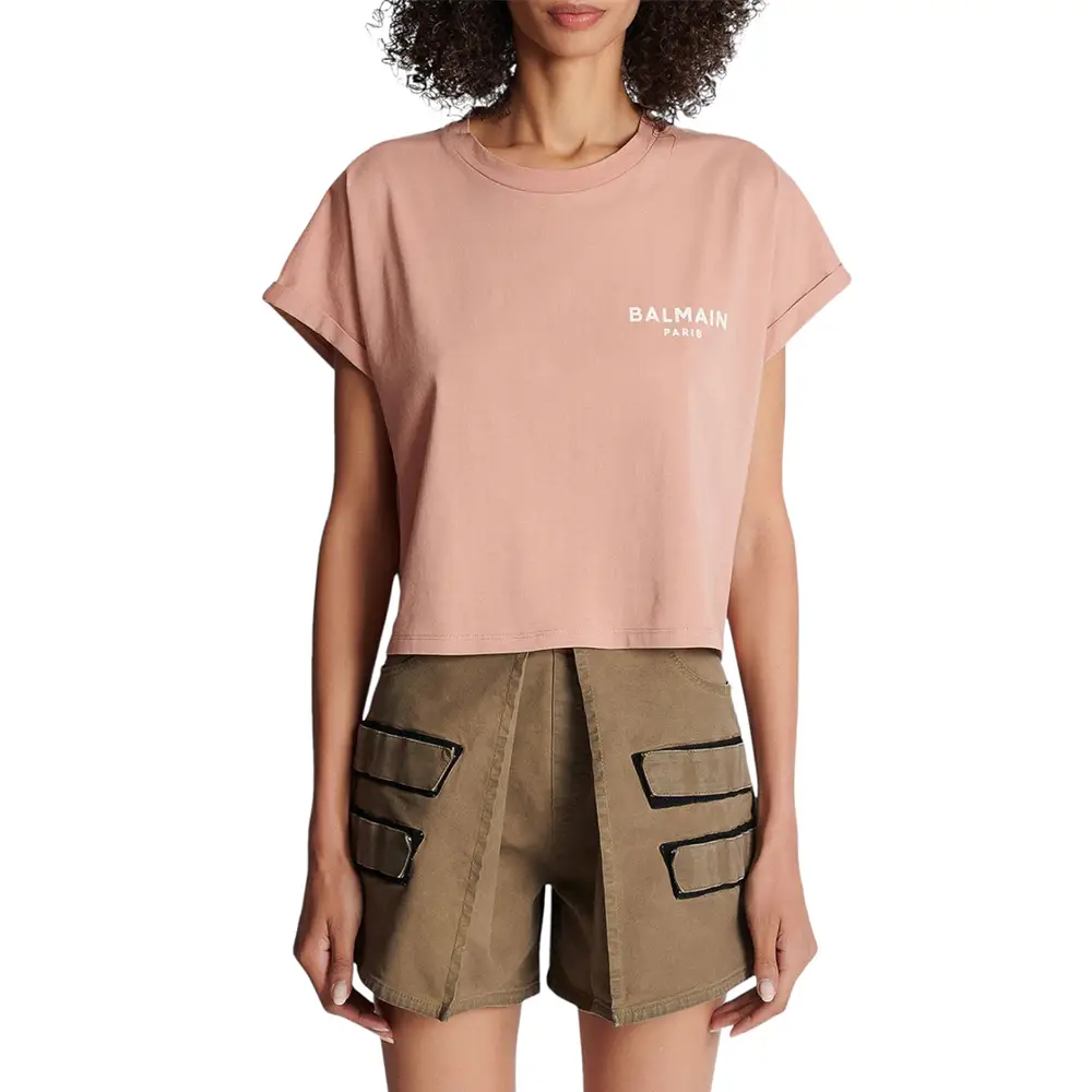 Balmain Paris Cropped T-Shirt White Logo Pink – voilà.id Balmain Paris Cropped T-Shirt White Logo Pink – voilà.id