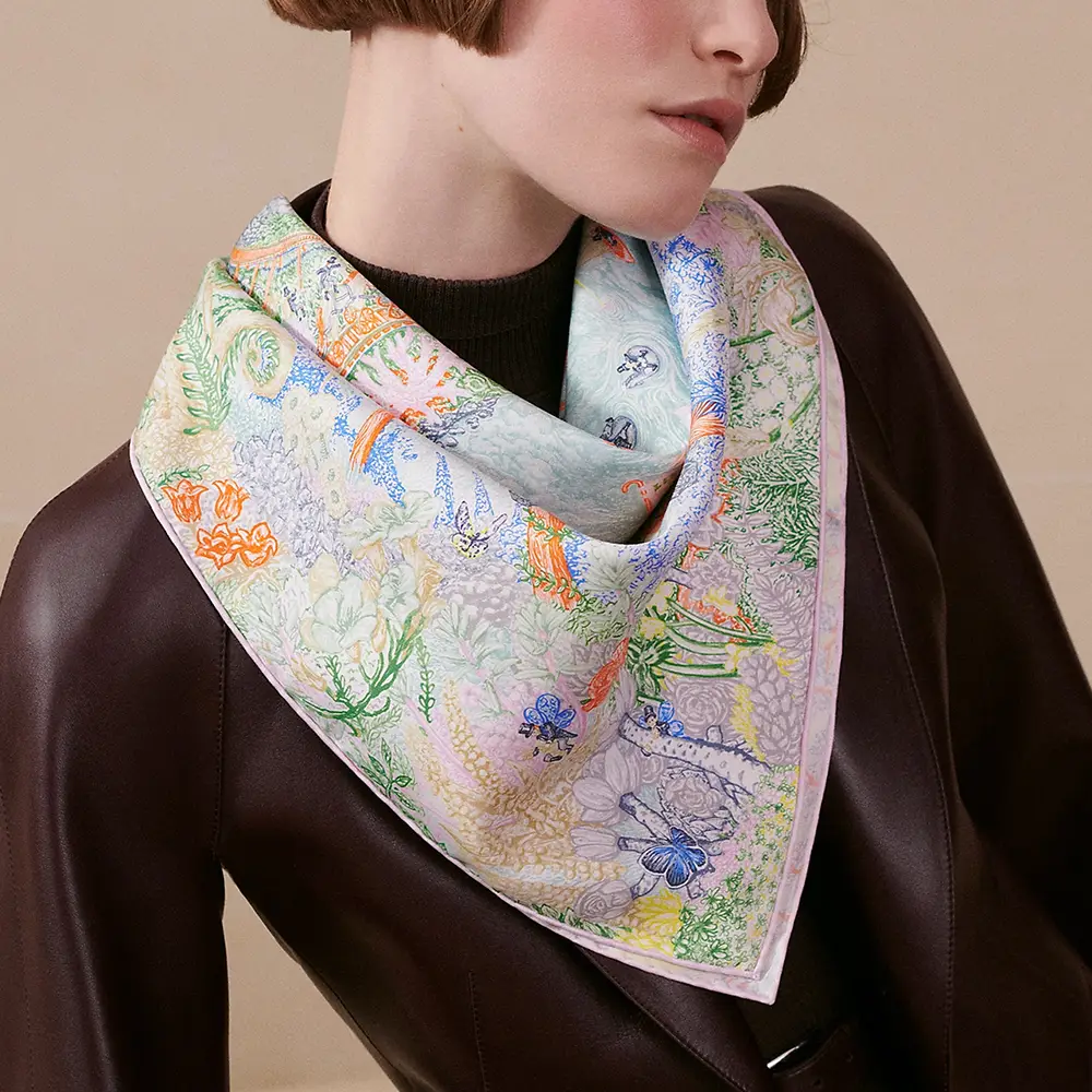 Hermès Les Folies Du Faubourg 90 SIlk Scarf Vert Olive Hermès Les Folies Du Faubourg 90 SIlk Scarf Vert Olive